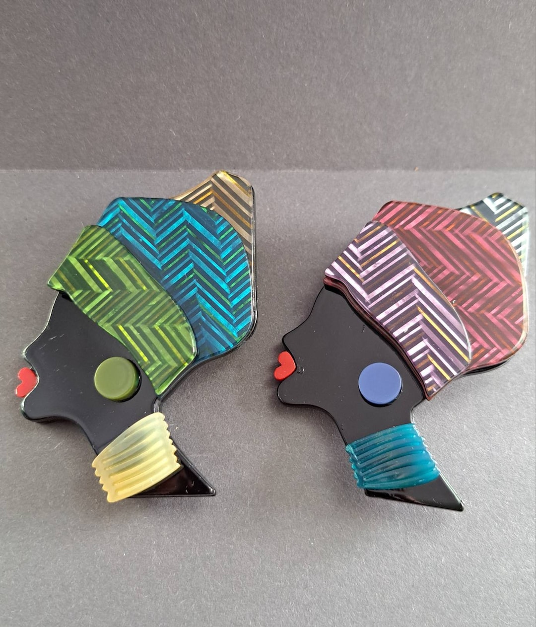 African Woman 3D Colorful Altered Art Resin Face Brooch Pin, Kitsch ...