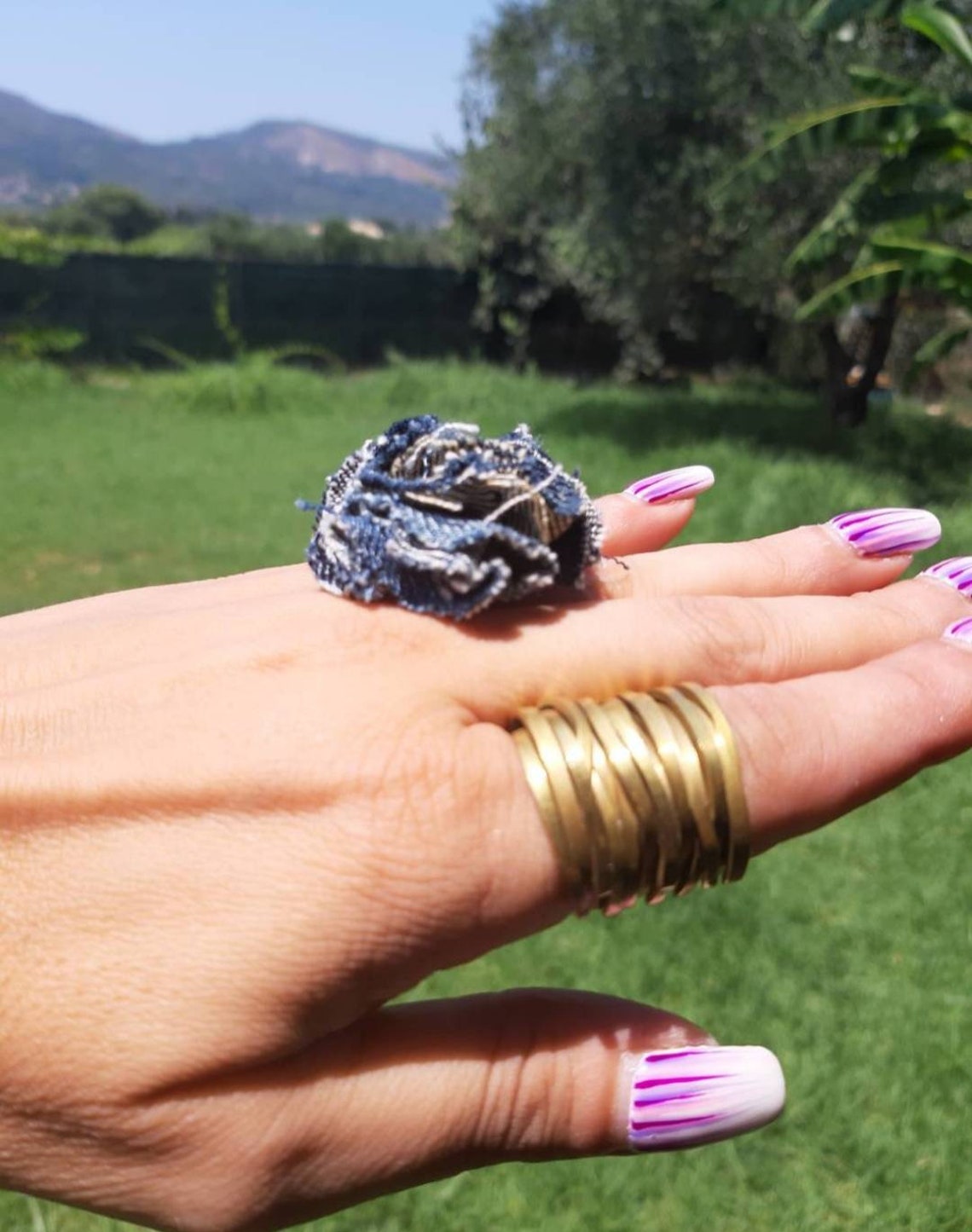 Denim Jean Fabric Flower Ring, Handmade, Recycled Denim Jean, Gold ...