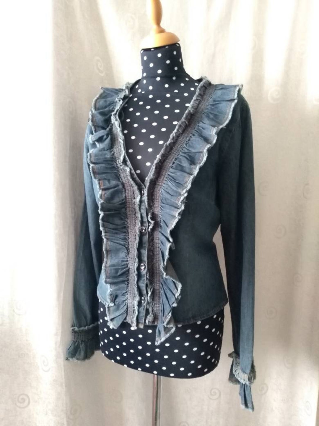 Gorgeous Moschino Jeans Denim Jacket Ruffle Collar Ruffle Sleeves ...