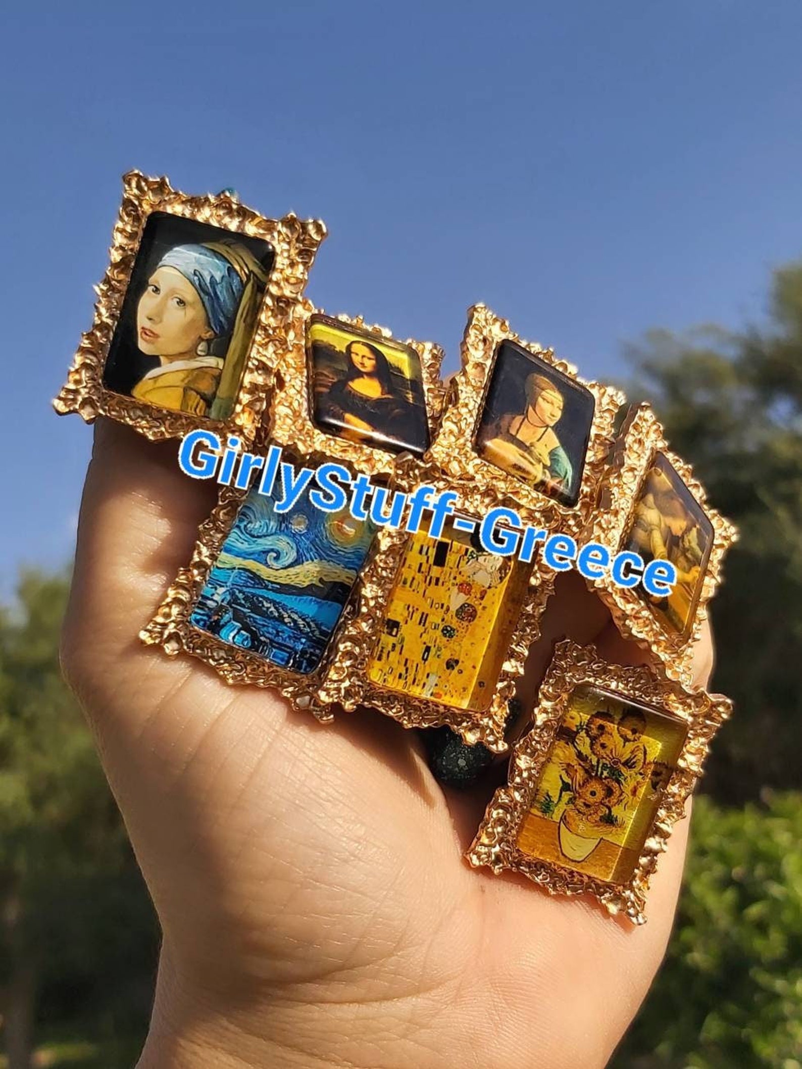 Mini Oil Paintings Art Rings, Mona Lisa, Davinci, Van Gogh, Vermeer ...