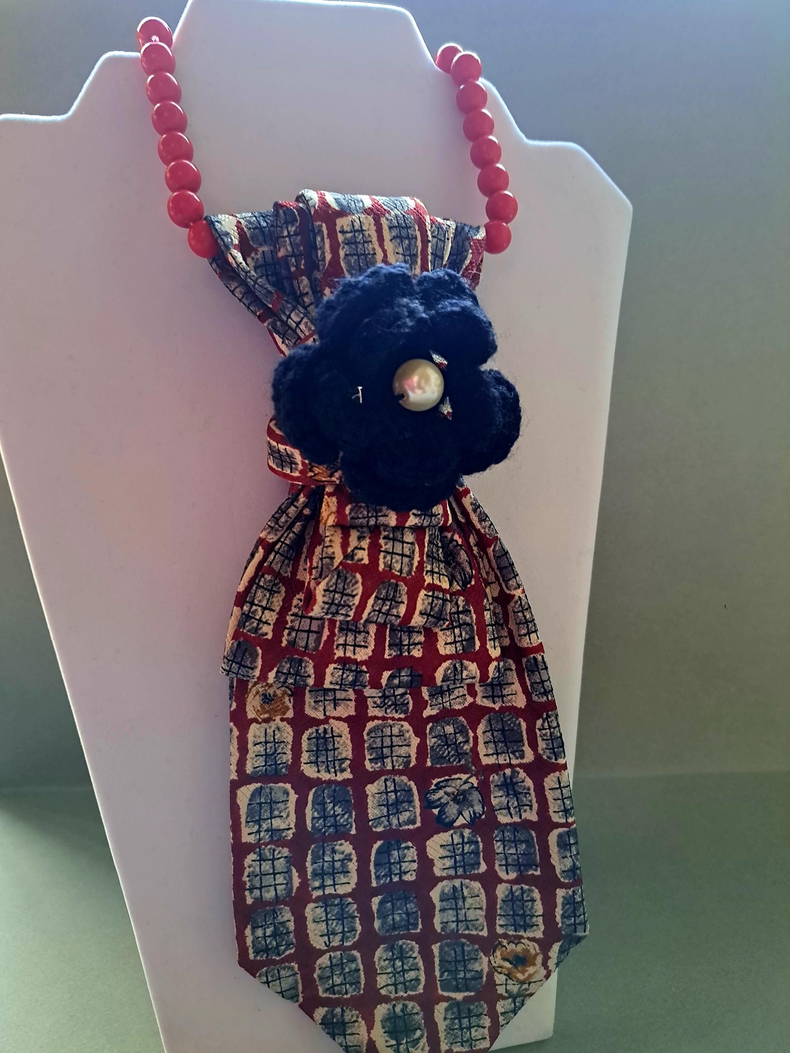 Upcycled Necktie Necklace, Unisex Necktie Crochet Flower Brooch ...