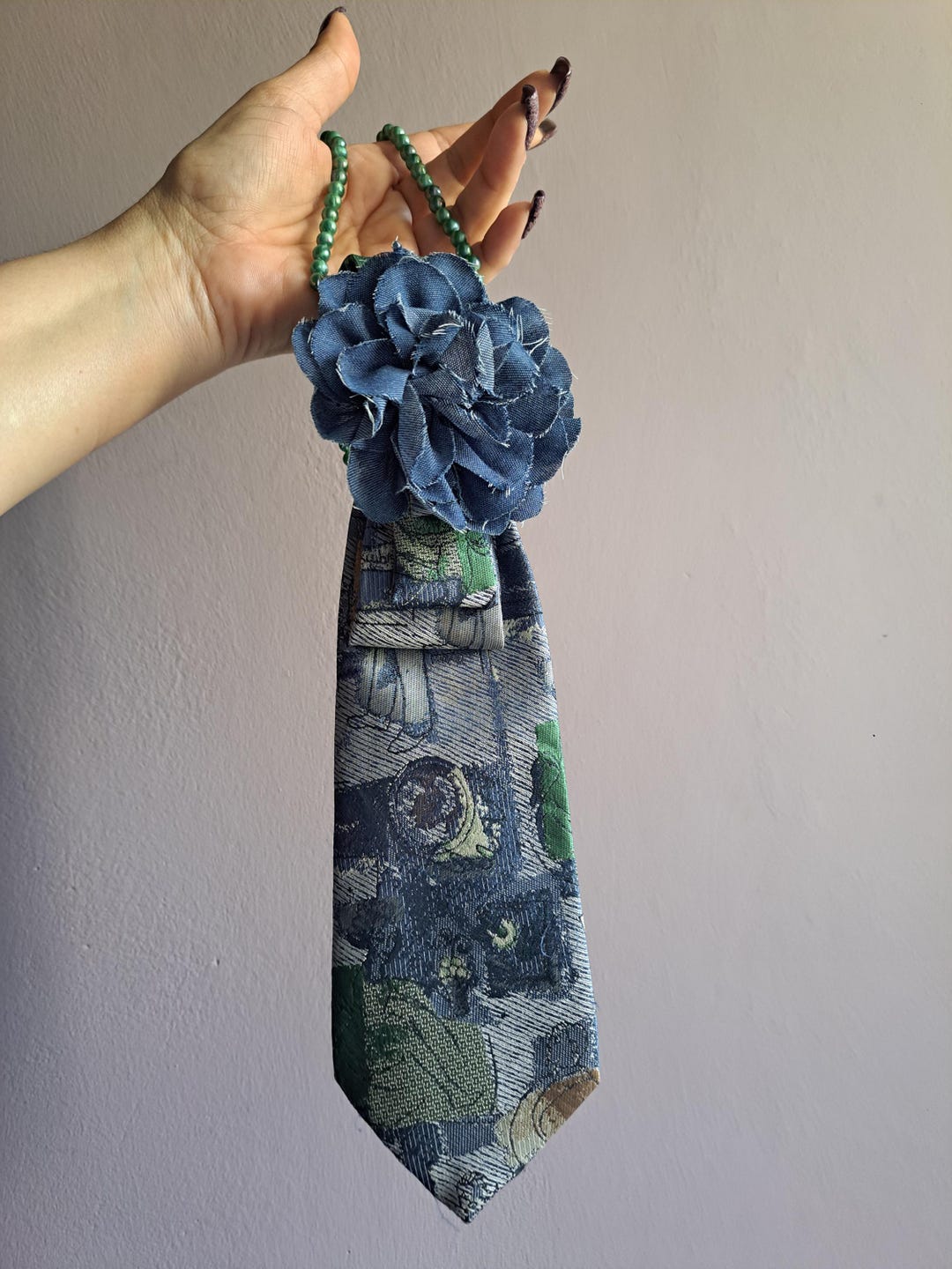 Upcycled Necktie Necklace, Necktie, Denim Jean Flower Brooch Necklace ...
