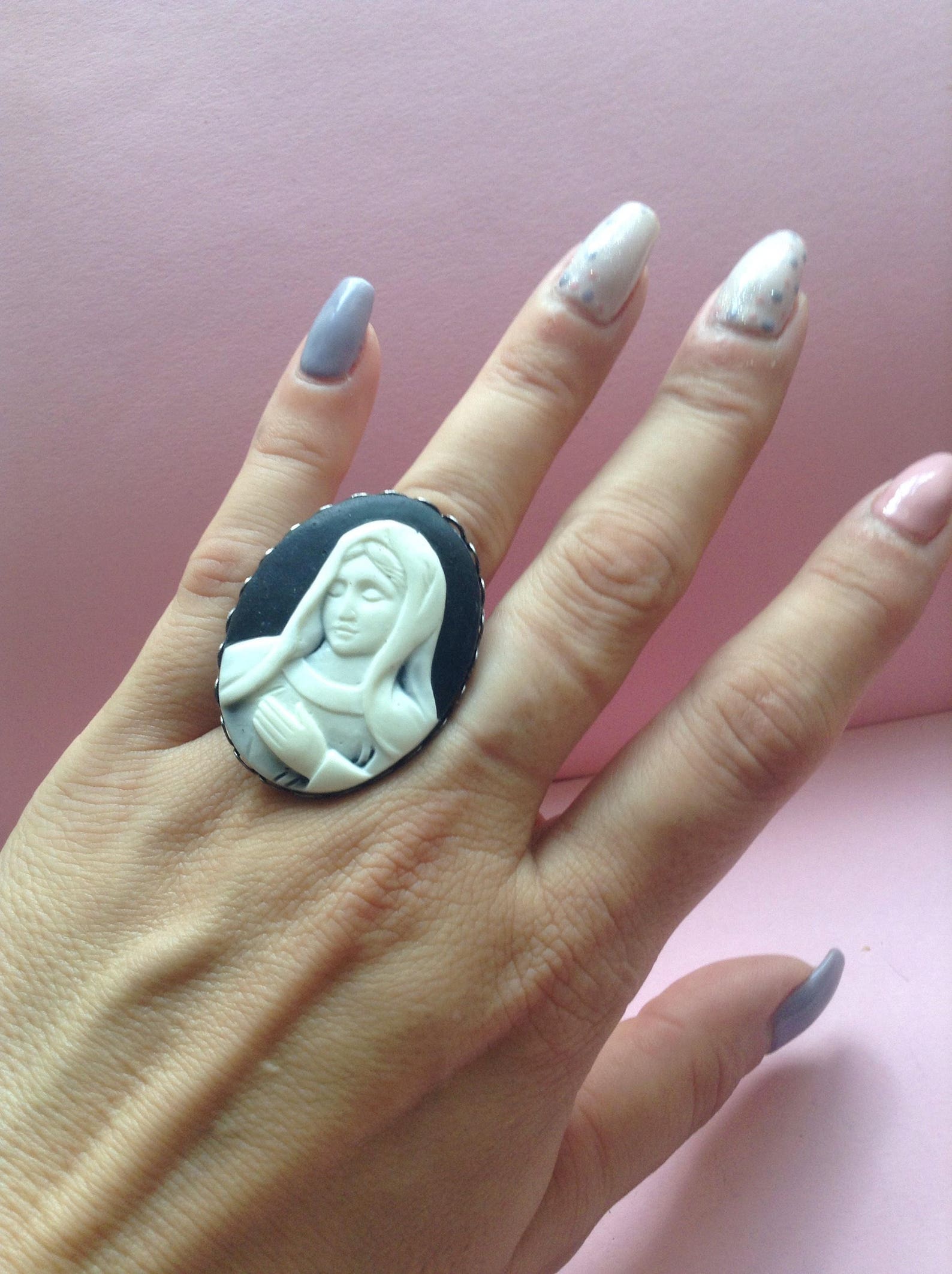 Large Virgin Mary Cameo Ring, Adjustable Ring Base, Brass Plated, Cameo ...