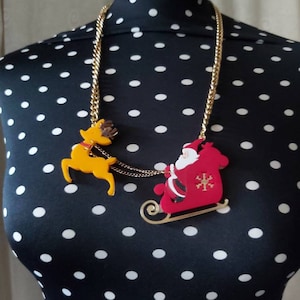 Santa Sleigh Reindeer Christmas Pendant Necklace, Lazer Cut Acrylic ...
