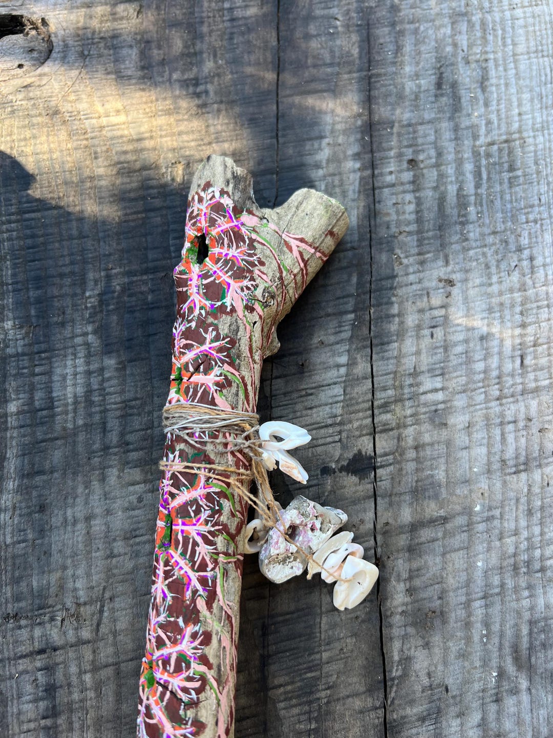Elder Wood Talking Stick, Painted Mandala, Seashells, Hag Stone Ritual ...
