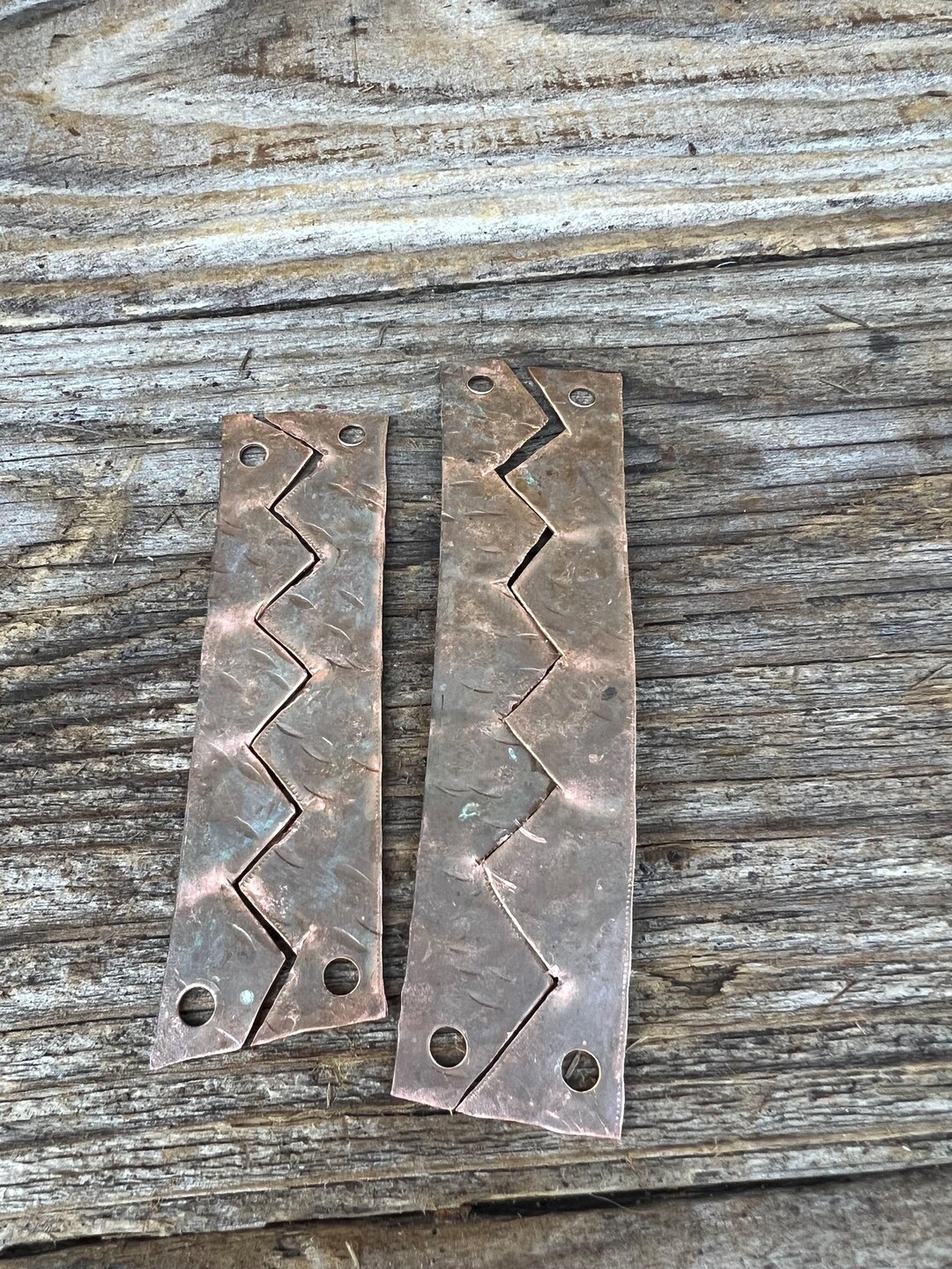 Aged Hammered Patina Copper Pieces With Holes, Textured Copper, Zig Zag ...