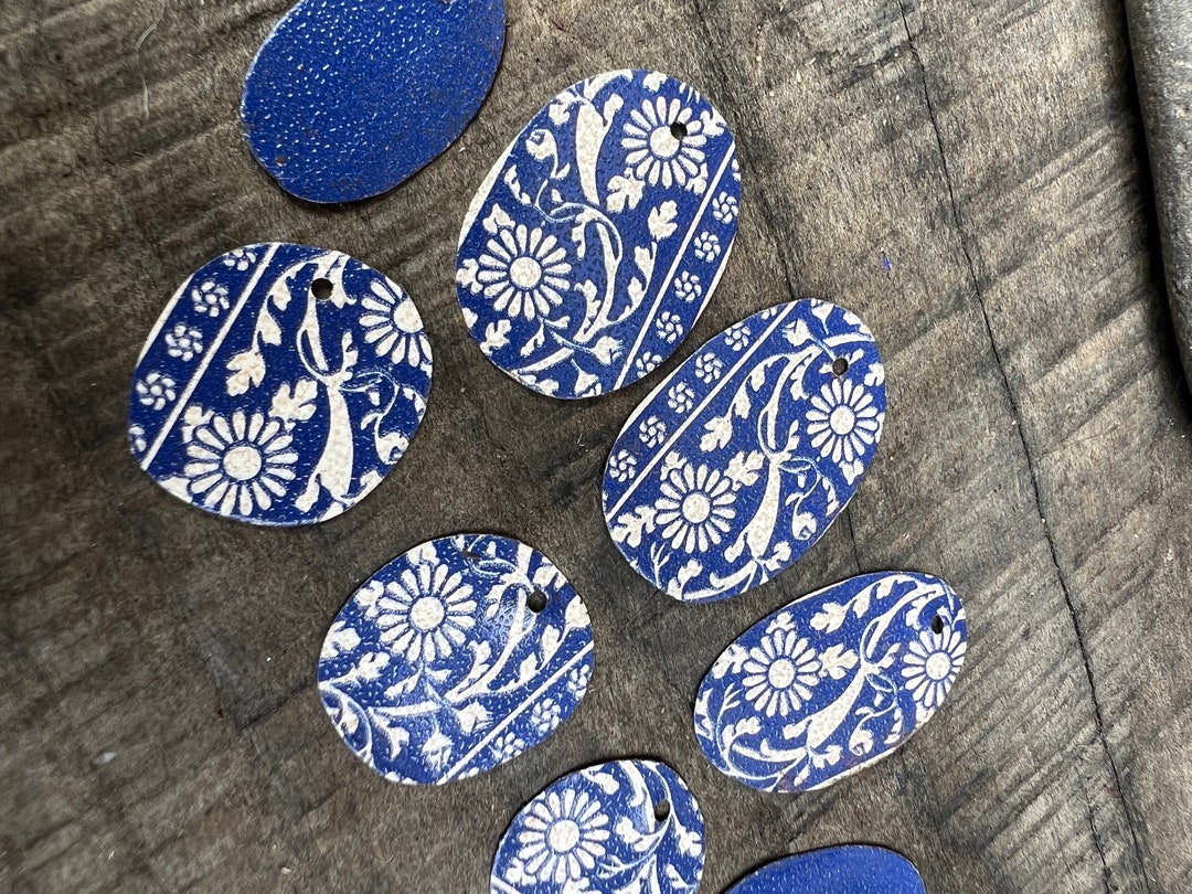 Eight Blue and White Metal Pieces, Cut Vintage Metal, Recycled Metal ...