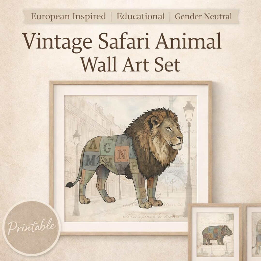 Vintage Safari Animal Wall Art Set – Educational Safari, Alphabet Style ...