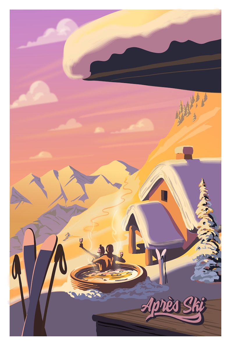 Retro Travel Apres Ski Alpine Lodge Poster Illustration - Etsy