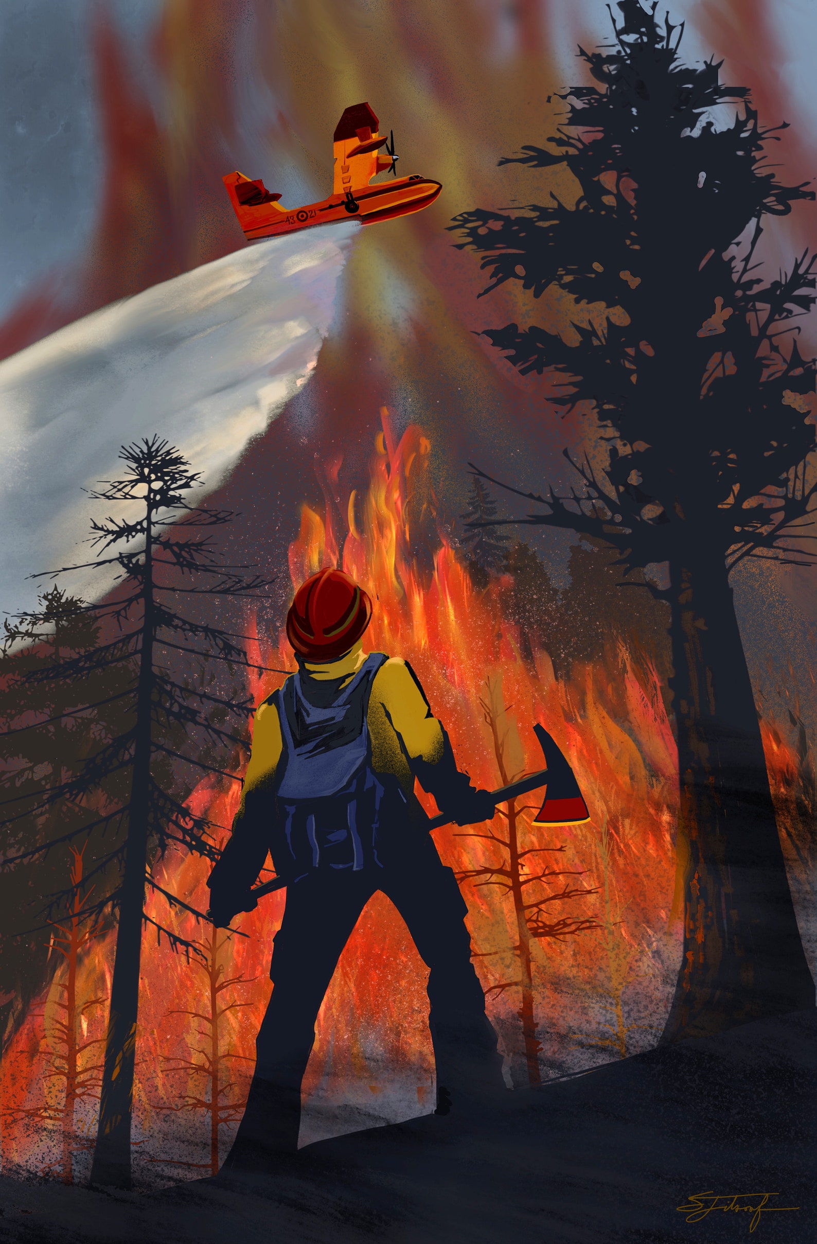 Firefighter & Aircraft Wildfire Art Print, Aviation Gift - Etsy