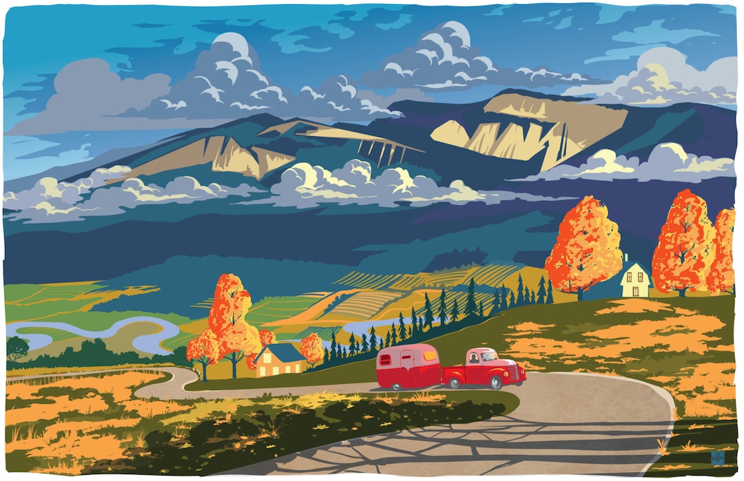 Retro Travel Autumn Camping Landscape Illustration, Print, Original Art ...