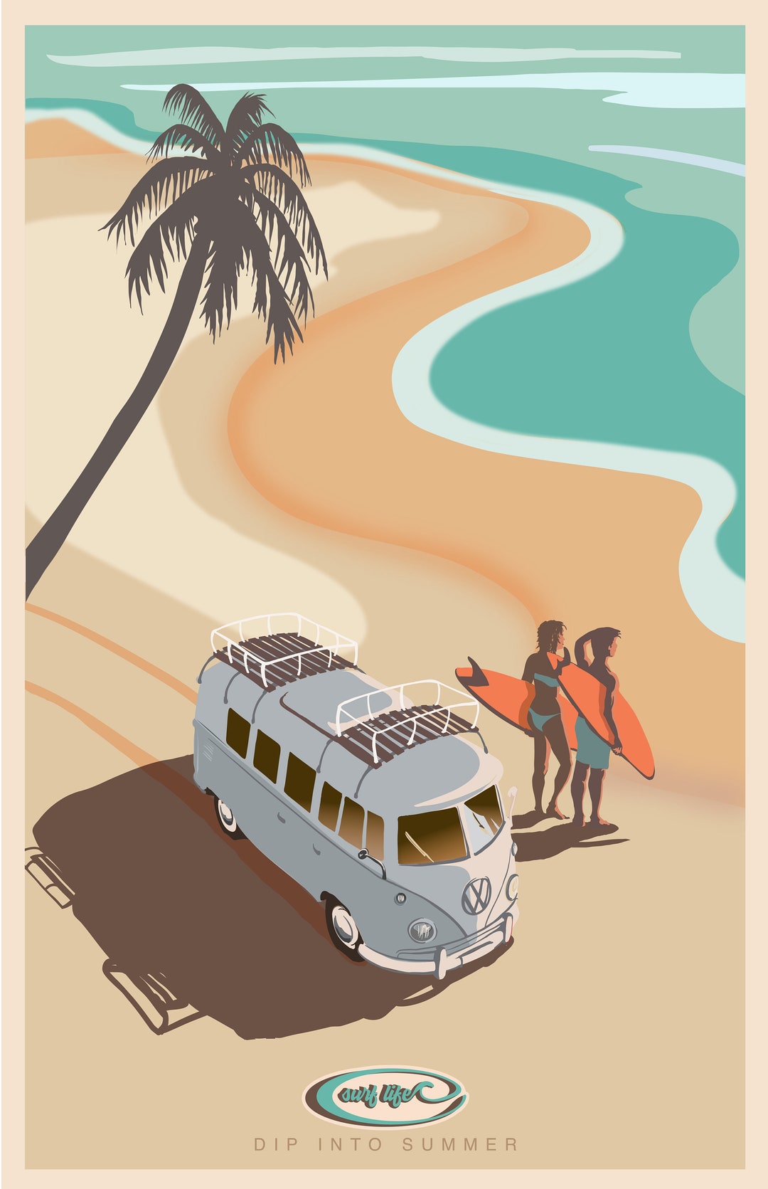 Retro Kombi VW Bus Surf Beach Poster, Surfing Art, Vintage Car Wall Art ...