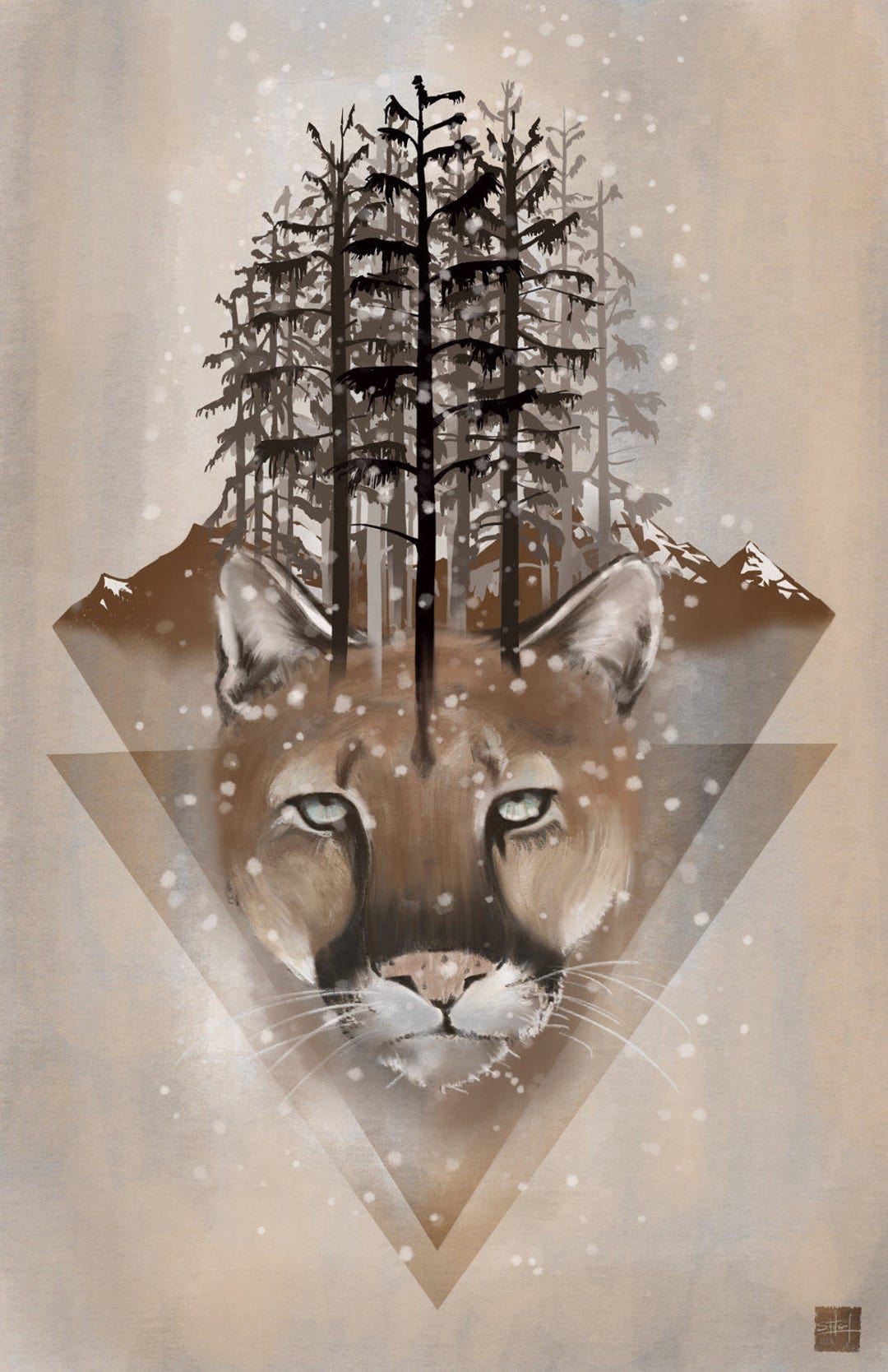 Wildlife Cougar Cat Illustration Print, Poster, Fine Art, Giclee Print ...