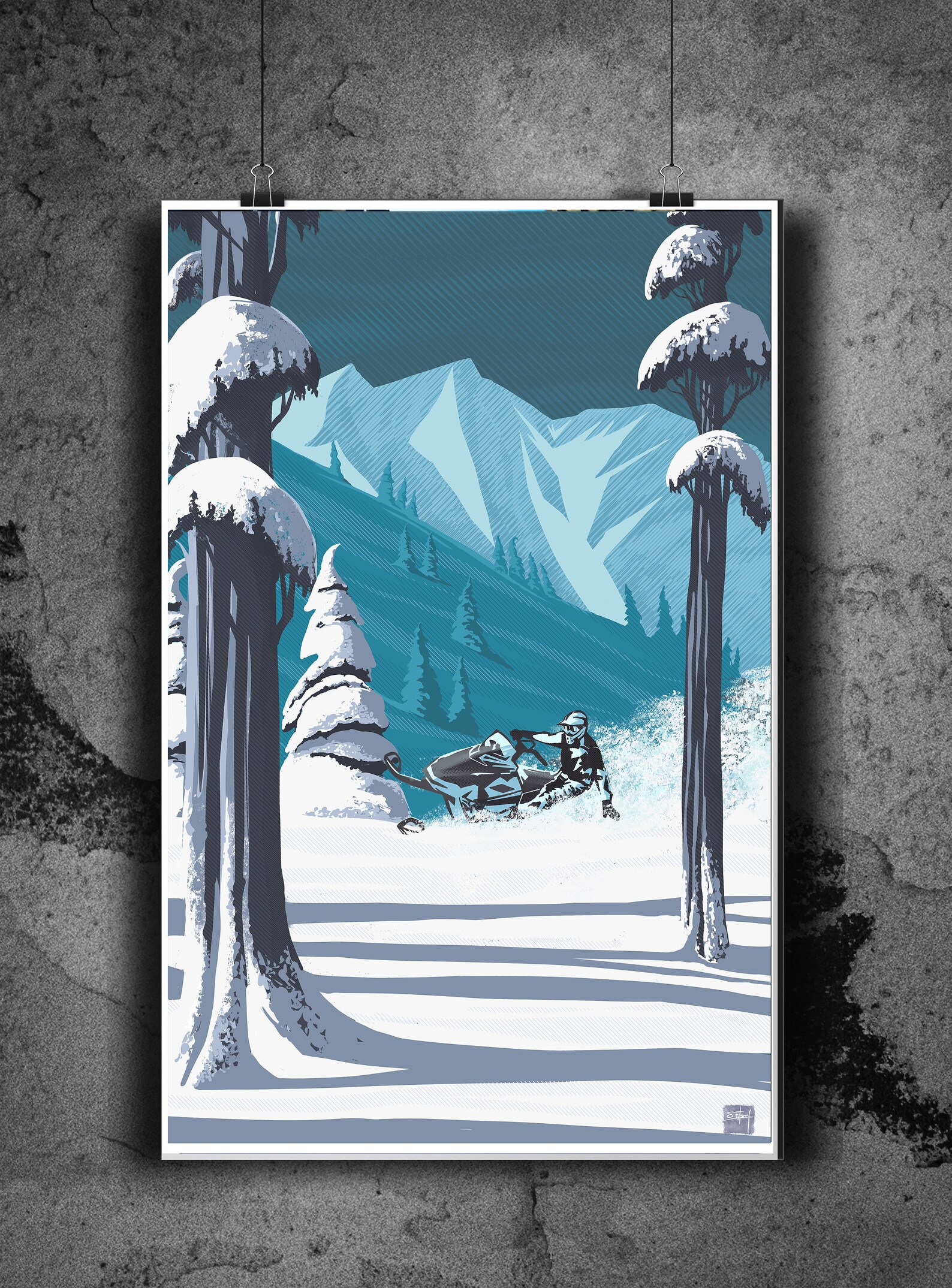 Retro modern snowmobile poster illustration | Etsy