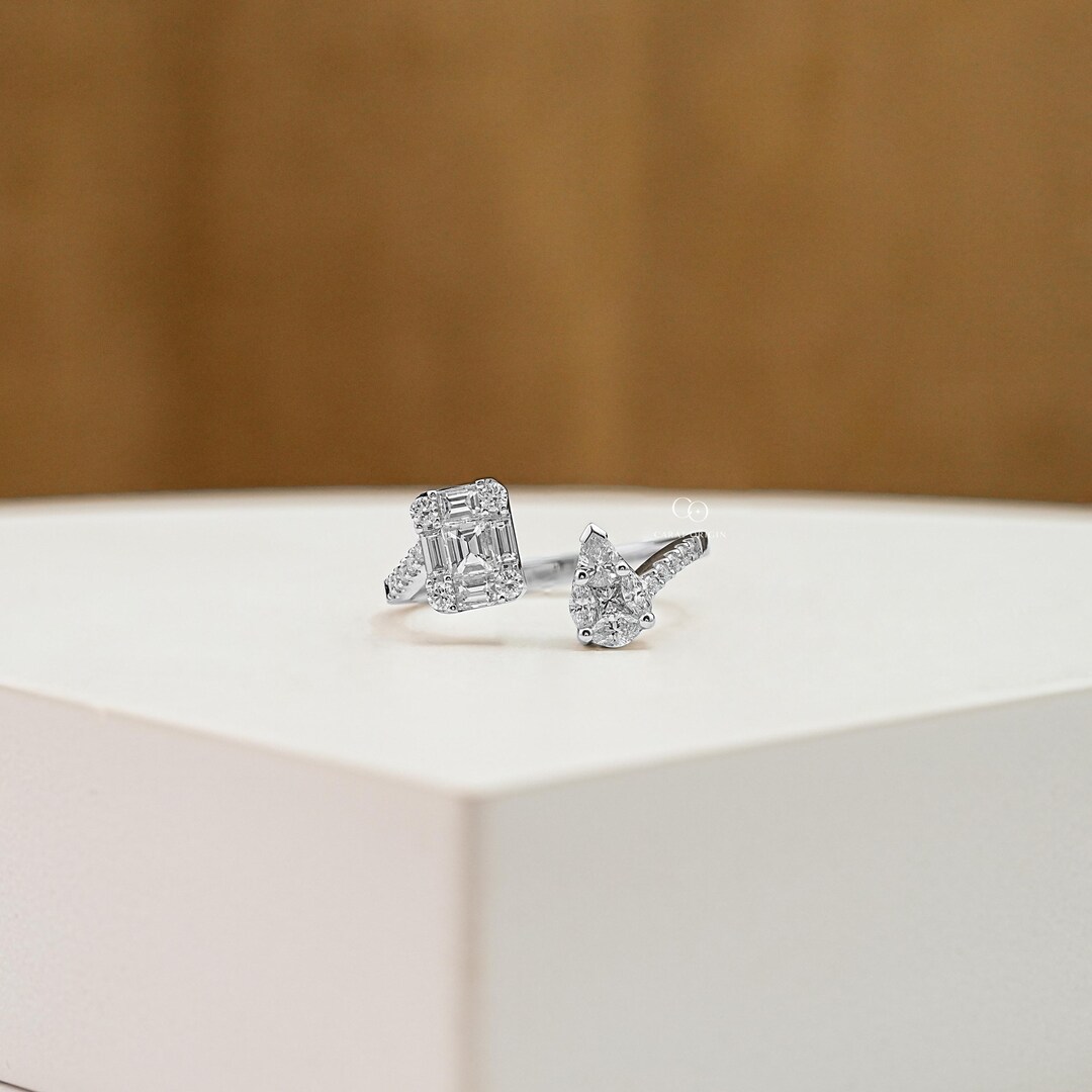 Cushion & Pear Pie Cut Diamond Prong Set Bypass Ring | 14K Solid Gold ...