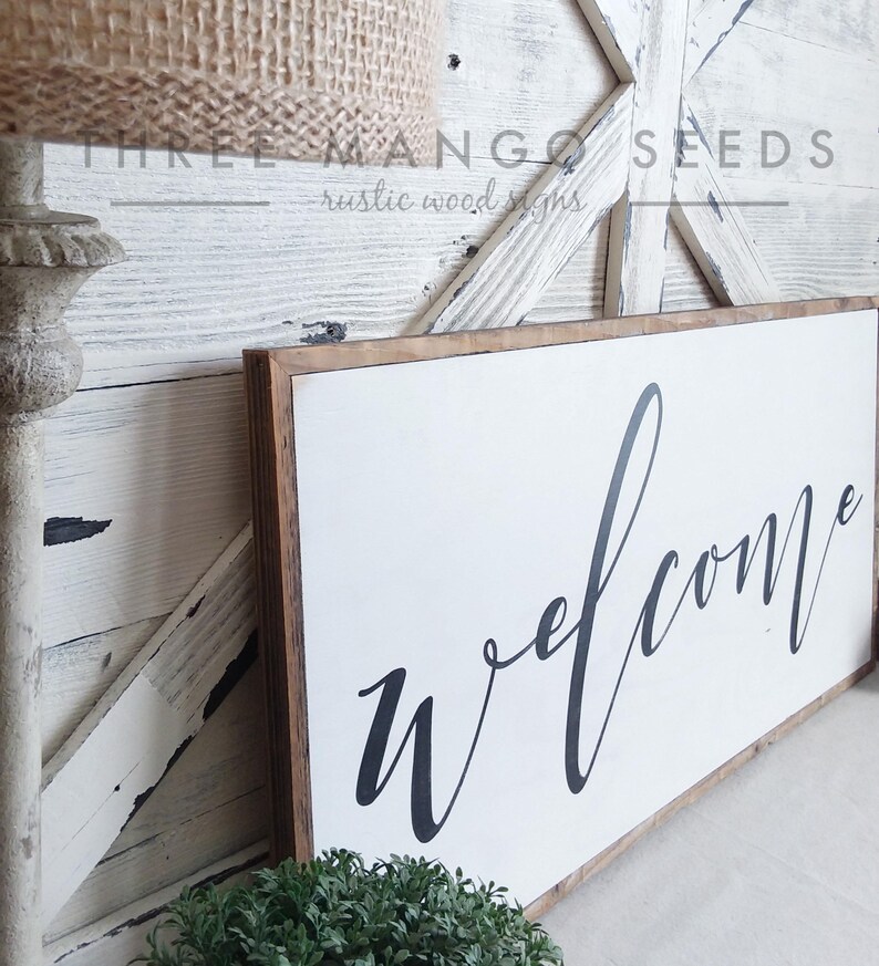 Large WELCOME Sign Cursive Framed Wood Sign Sign Welcome - Etsy
