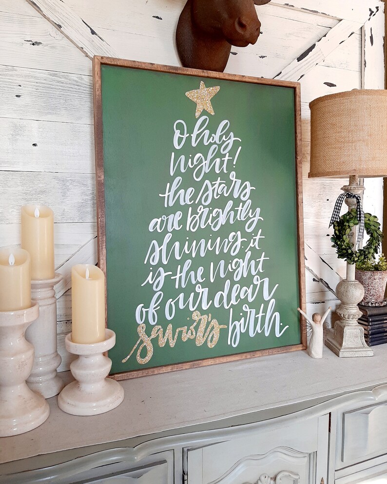 O Holy Night Christmas Sign: Hand-lettered Gold Glitter, Rustic Wood ...