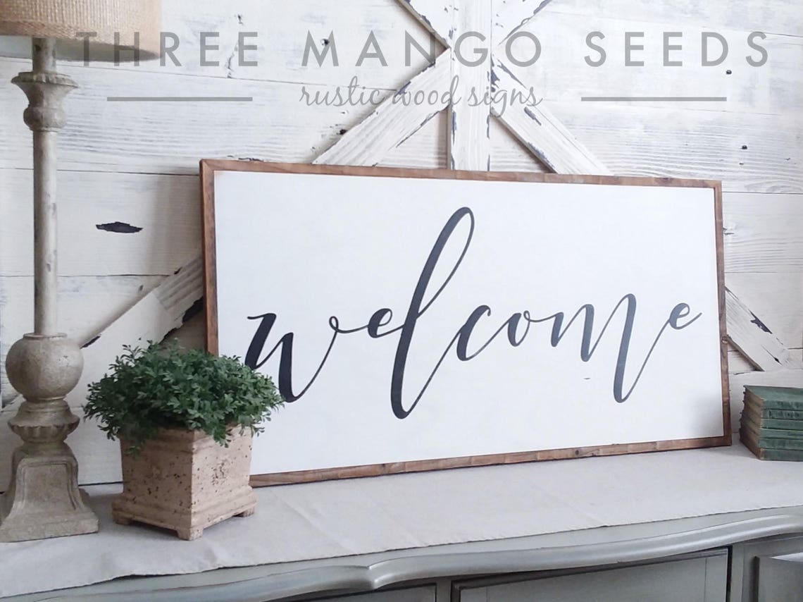 Large WELCOME Sign Cursive Framed Wood Sign Sign Welcome - Etsy