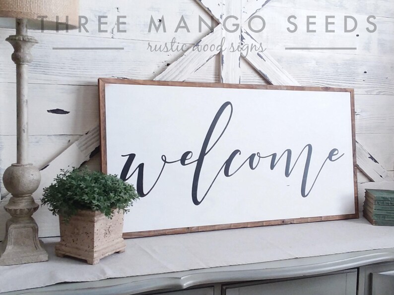 Large WELCOME Sign Cursive Framed Wood Sign Sign Welcome - Etsy