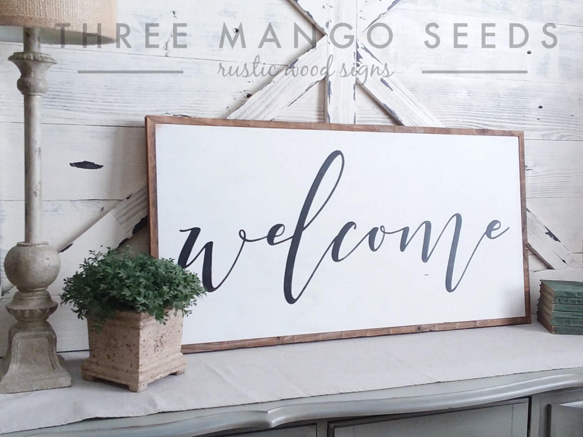 Large WELCOME Sign Cursive Framed Wood Sign Sign Welcome | Etsy