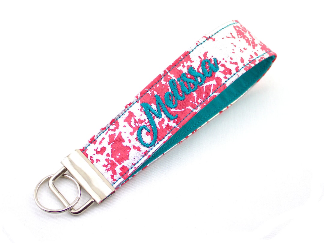 Silver Metallic and Coral Keychain Wristlet, Personalized With ...