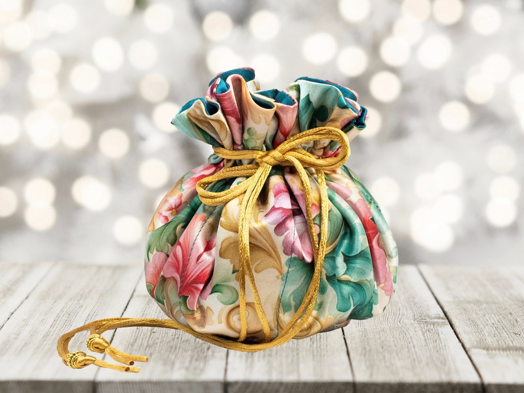 Satin Drawstring Jewelry Pouch With Eight Pockets Teal, Pink & Gold ...