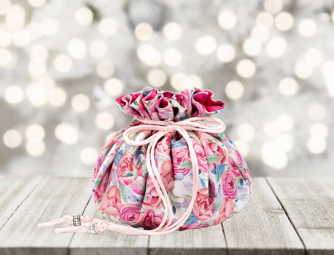 Satin Jewelry Organizer, Pink Rose Satin Drawstring Jewelry Pouch With ...