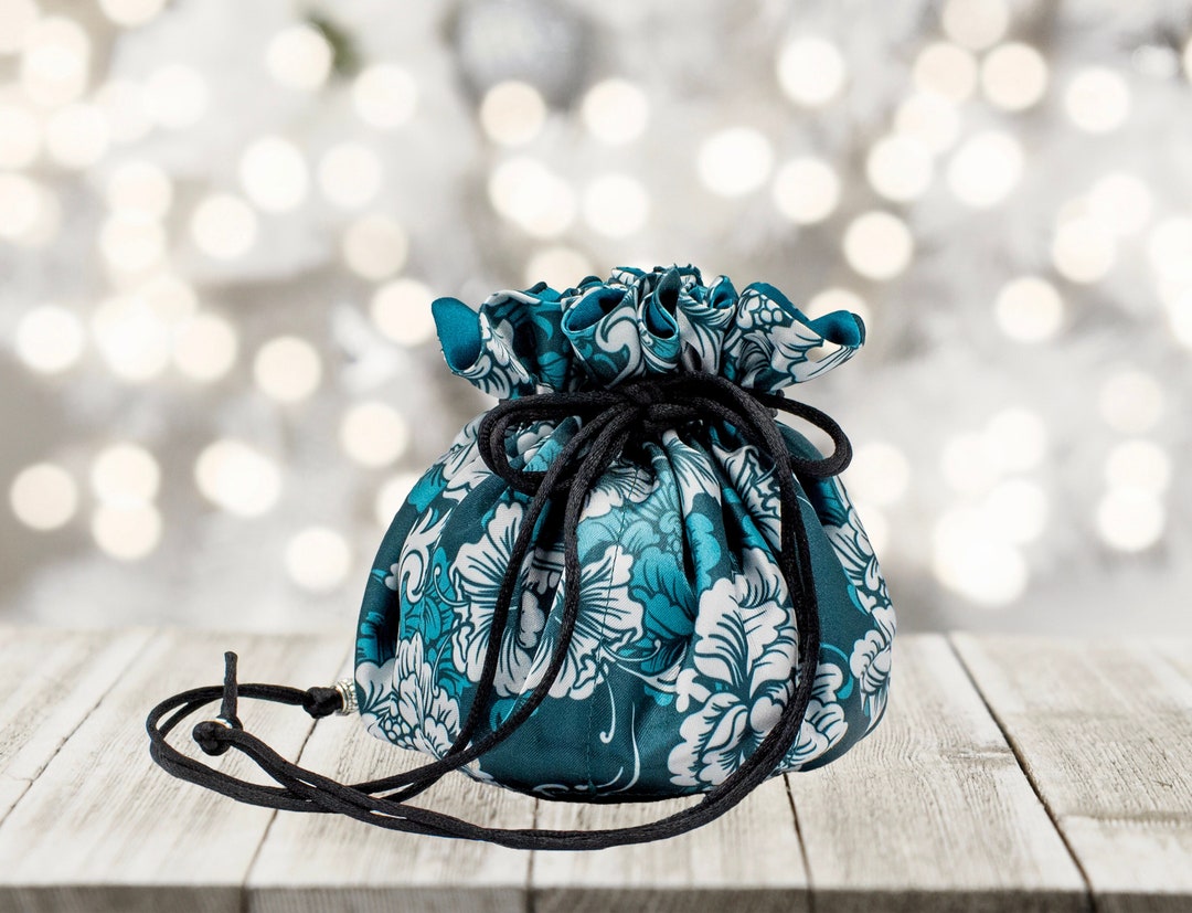 Satin Jewelry Pouch, Teal Floral Satin Drawstring Jewelry Pouch With ...