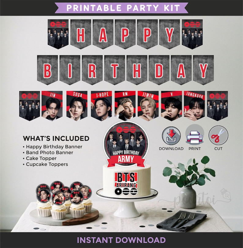 BTS ARIRANG Birthday Party Printable Kit, Kpop ARMY Banner, Cupcake ...