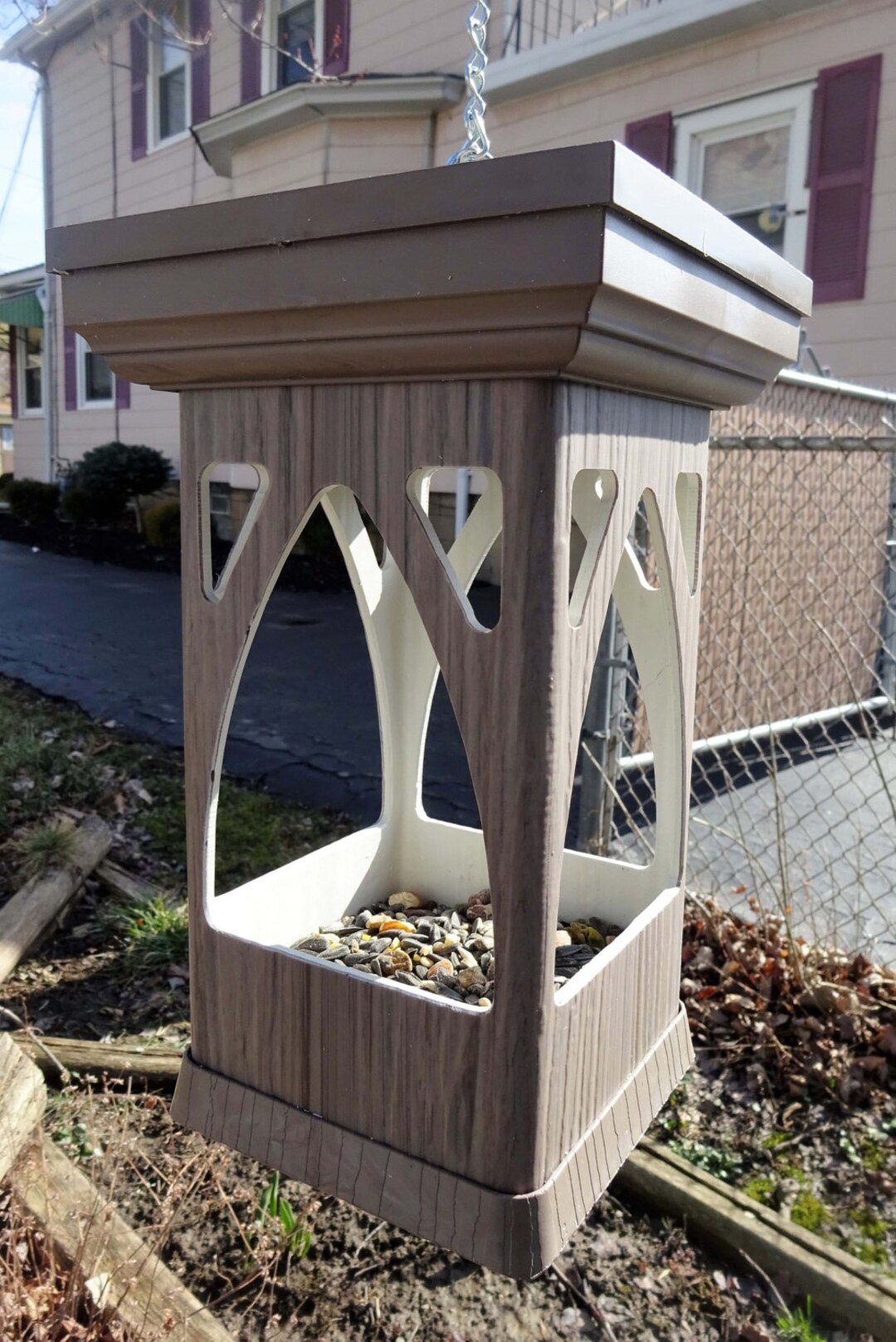 Hanging-woodgrain PVC Bird Feeder: Gothic Tray Style, Open 4 Sides ...