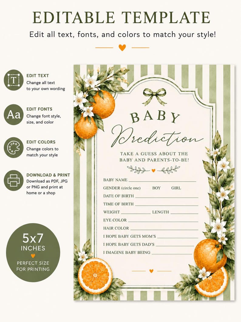 Baby Prediction Game Cards, Orange Floral Baby Shower Activity (instant ...