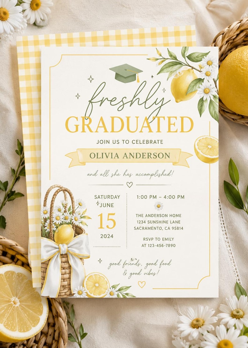 Lemon Daisy Graduation Invitation Template, Summer Grad Party (digital ...