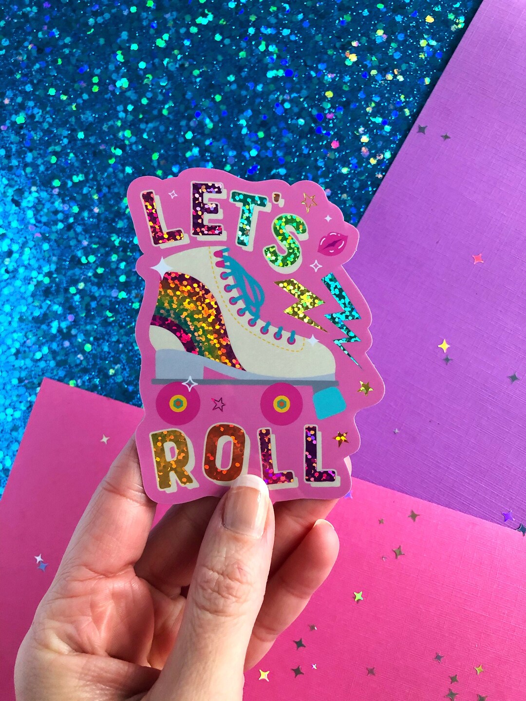 Rainbow Glitter Holographic Roller Skate Let's Roll Sticker | Quad ...
