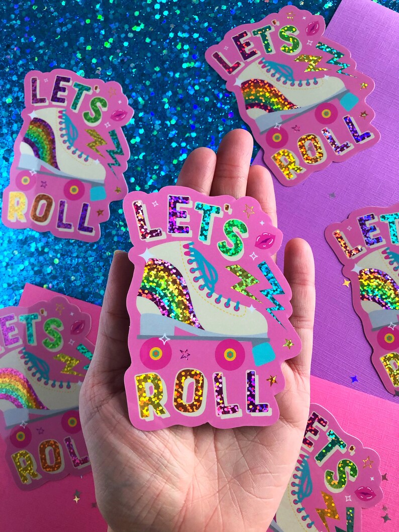 Rainbow Glitter Holographic Roller Skate Let's Roll Sticker | Quad ...
