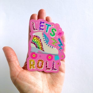 Rainbow Glitter Holographic Roller Skate Let's Roll Sticker | Quad ...