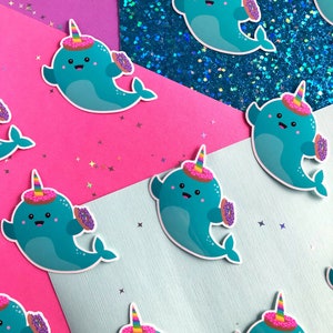 Cute Narwhal With Donut Sticker Vinyl Decal | Kawaii Sticker | Cute Narwhal Sticker | Small ...