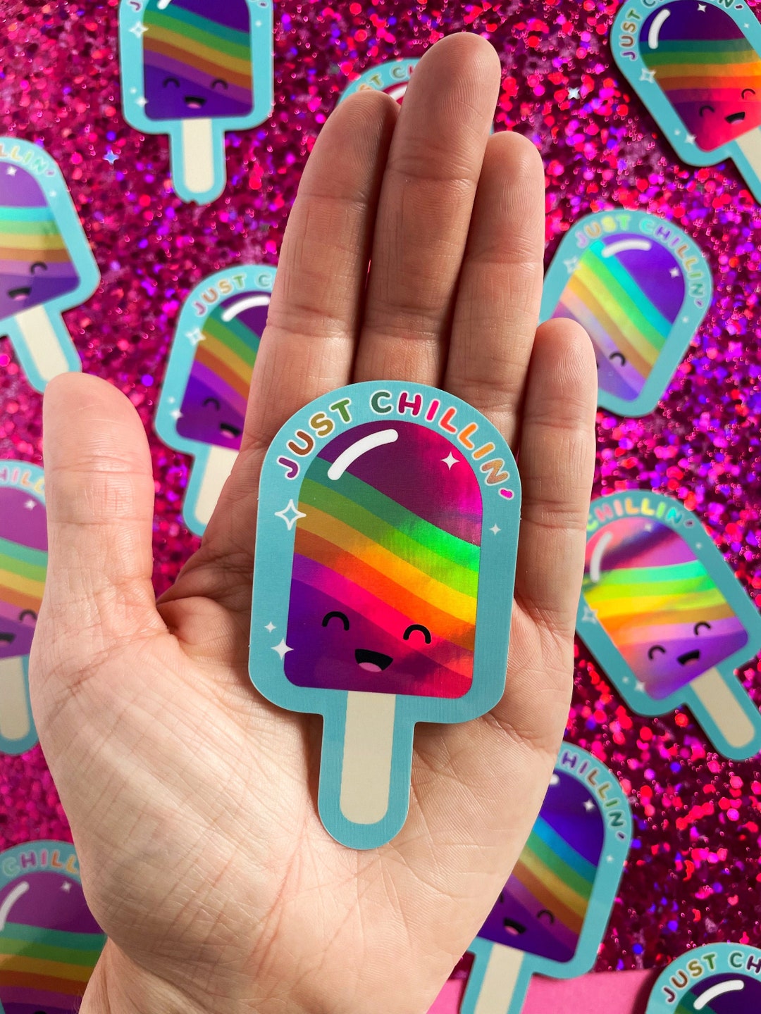 Just Chillin' Cute Rainbow Popsicle Holographic Sticker Vinyl Decal ...