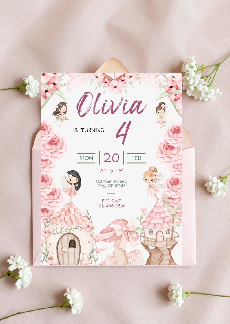 Fairy Birthday Invitation, Floral Pink Watercolor, Magical Party Invite ...