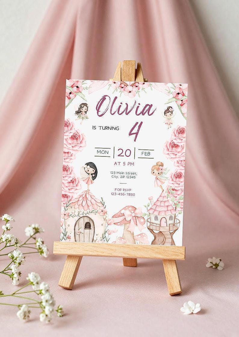 Fairy Birthday Invitation, Floral Pink Watercolor, Magical Party Invite ...