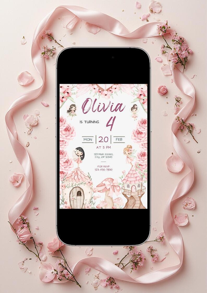 Fairy Birthday Invitation, Floral Pink Watercolor, Magical Party Invite ...