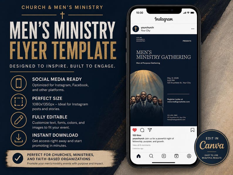 Men's Ministry Gathering Flyer Template, Faith Leadership Event (canva ...