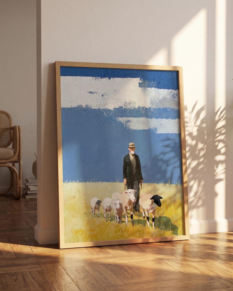 Abstract Shepherd Print, Mid-century Landscape Art, Sheep Wall Art ...