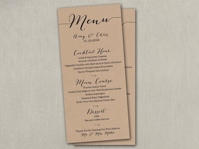 Wedding Reception Table Menu Menus Size Cards 4 X 9 - Etsy