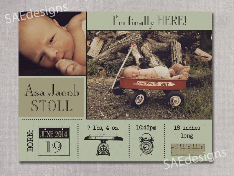 Rustic Baby Card Baby Birth Photo Birthday Announcements Party - Etsy