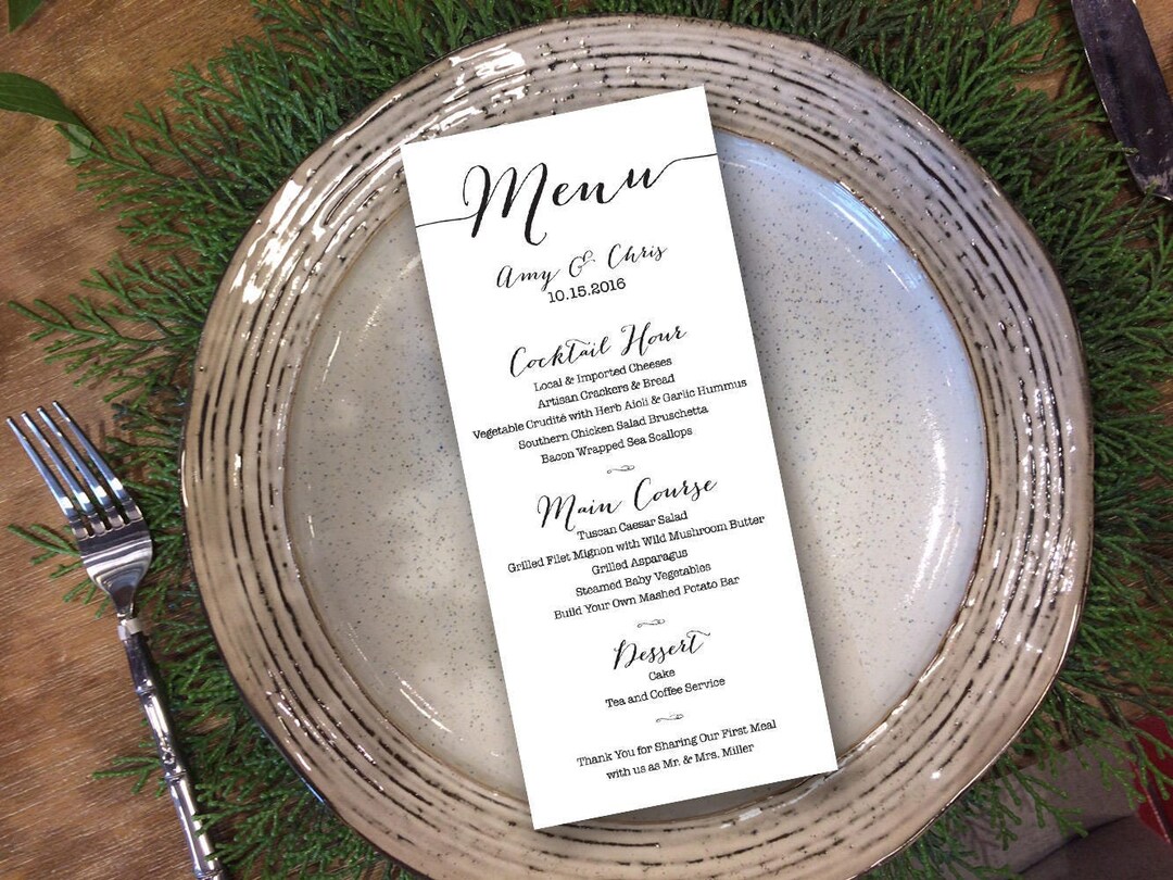 Wedding Reception Table Menu Menus Size Cards 4 X 9 Printed Modern ...