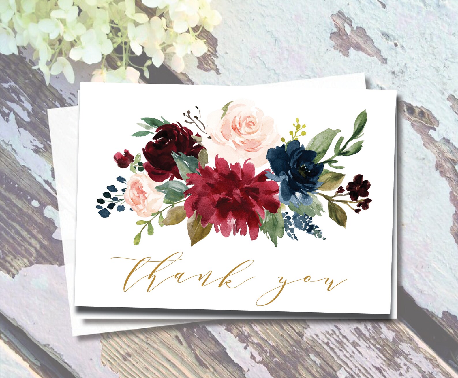 Floral Wedding Thank You Folded or Flat Cards Notes Boho Navy - Etsy