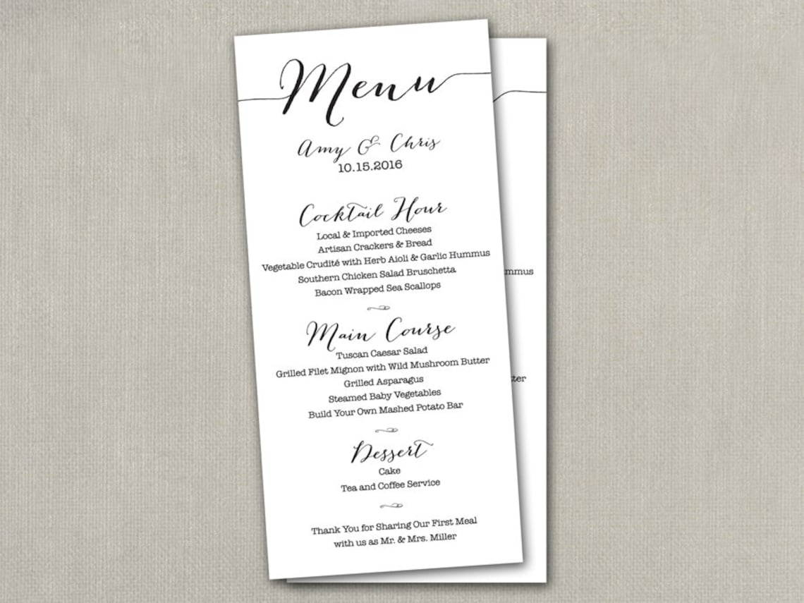 Wedding Reception Table Menu Menus Size Cards 4 X 9 - Etsy