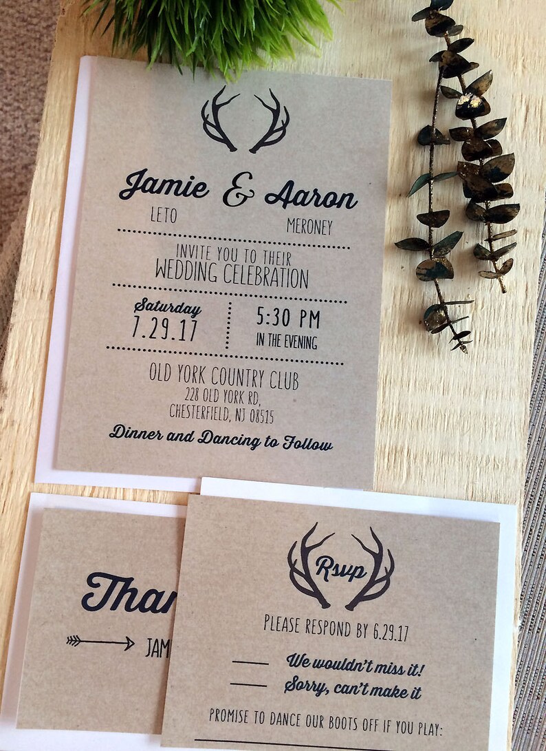 Wedding Invitations Invites RSVP Cards Country Rustic Antlers | Etsy