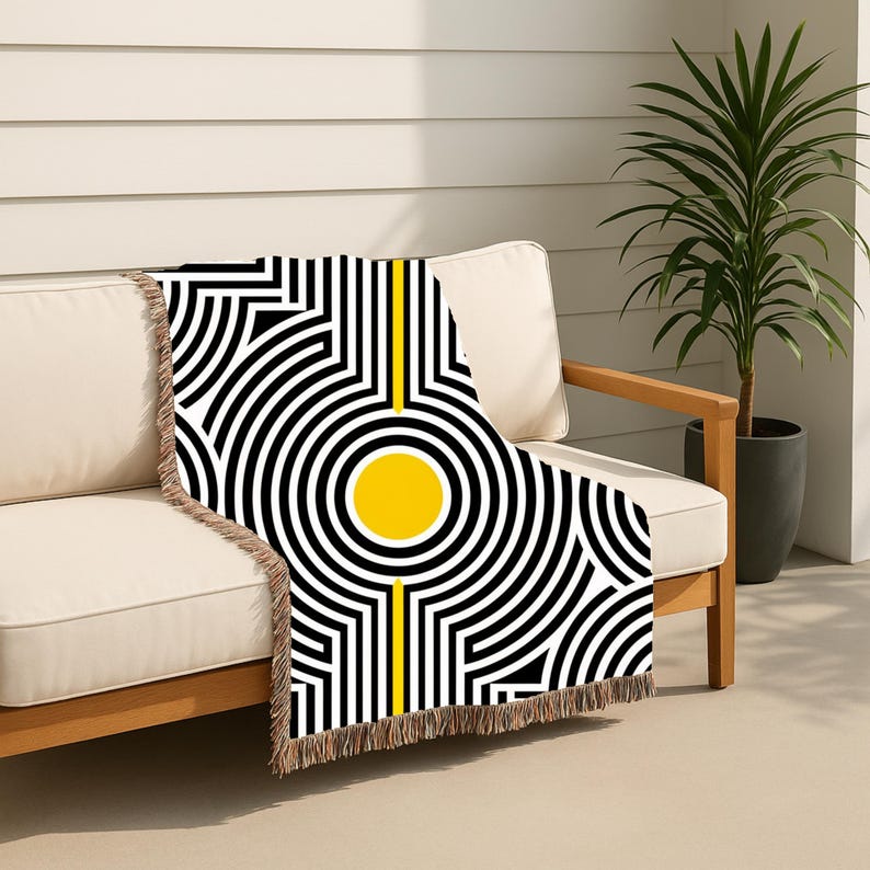 1960s Op Art Solar Geometric Woven Blanket | Black White Gold Optical ...