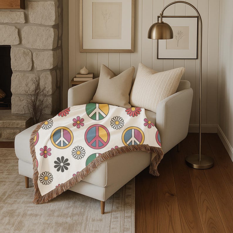 1960s Peace and Love Flower Power Blanket | Woven Hippie Daisy Throw - Etsy